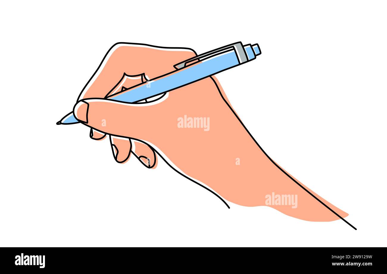 Hand holding a ball pen, writing, signing a document or drawing. Hand ...