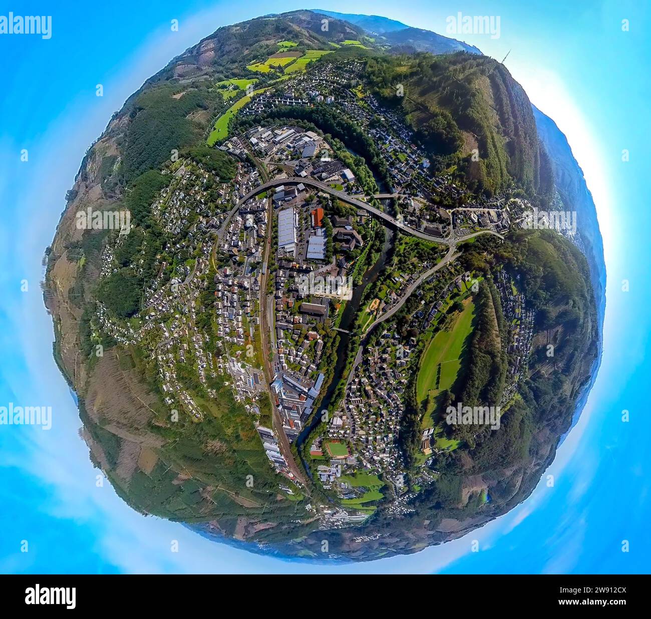 Aerial view, view of Eiringhausen, earth globe, fisheye image, 360 ...
