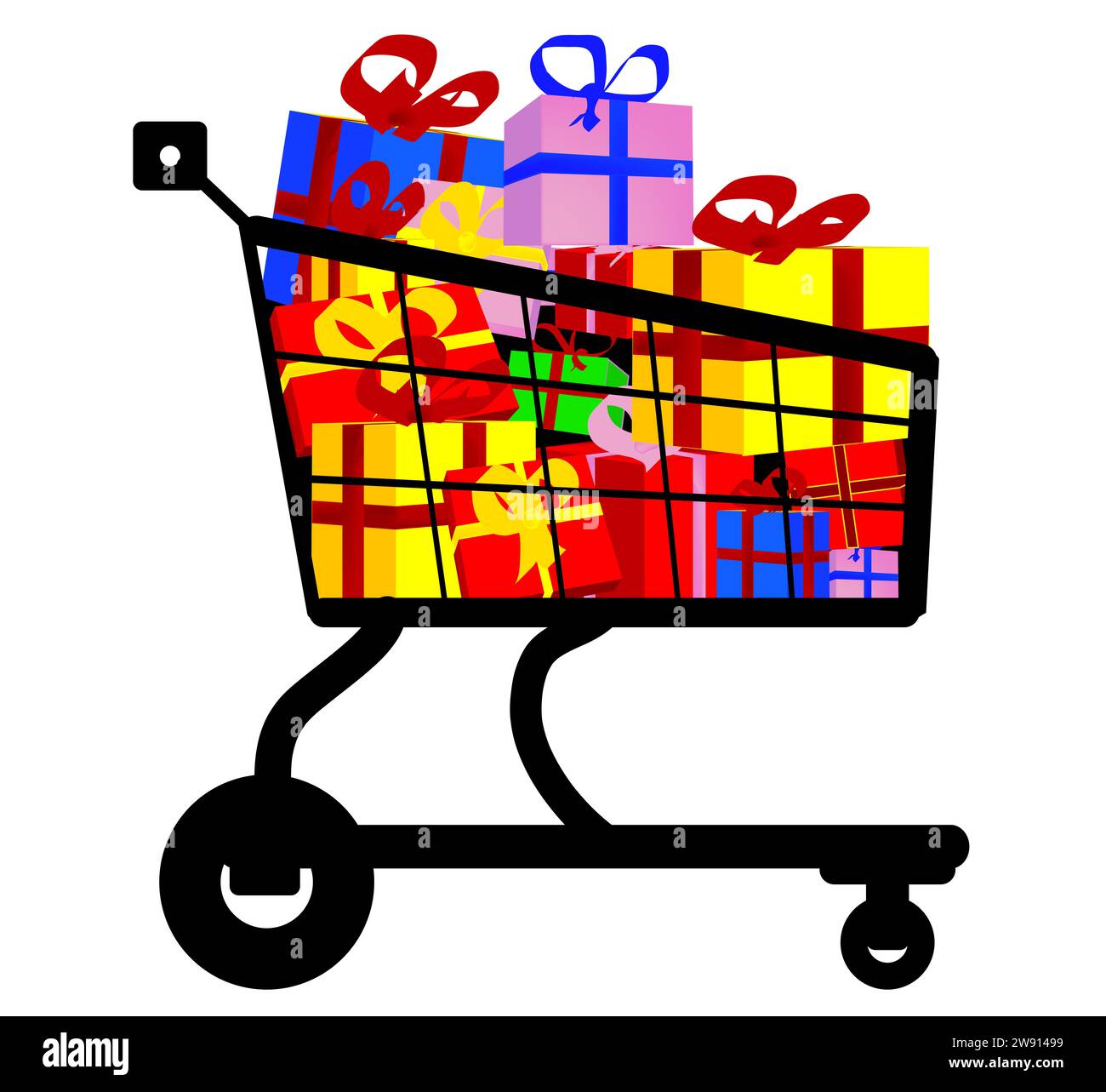 A store cartoon style shopping trolley full of gifts over a white ...