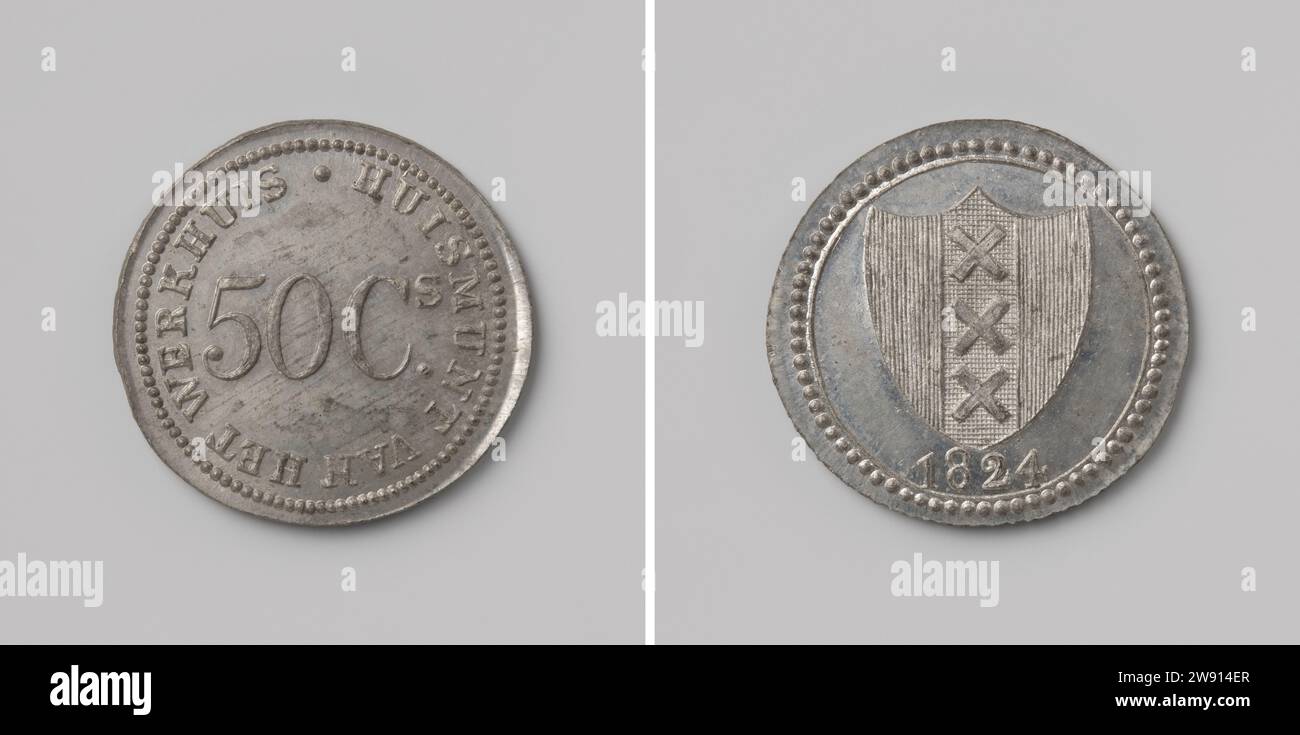 Werkhuis in Amsterdam, Huismunt worth 50 cents, Hendrik de Heus, 1824 ...
