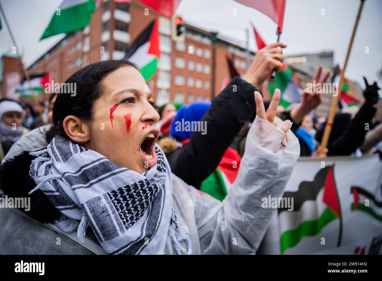Berlin, Germany. 23rd Dec, 2023. A participant chants slogans for the ...