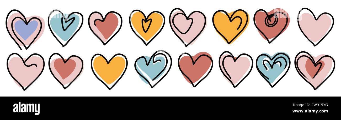 Colorful hearts with outline doodle drawing vector Stock Vector Image ...