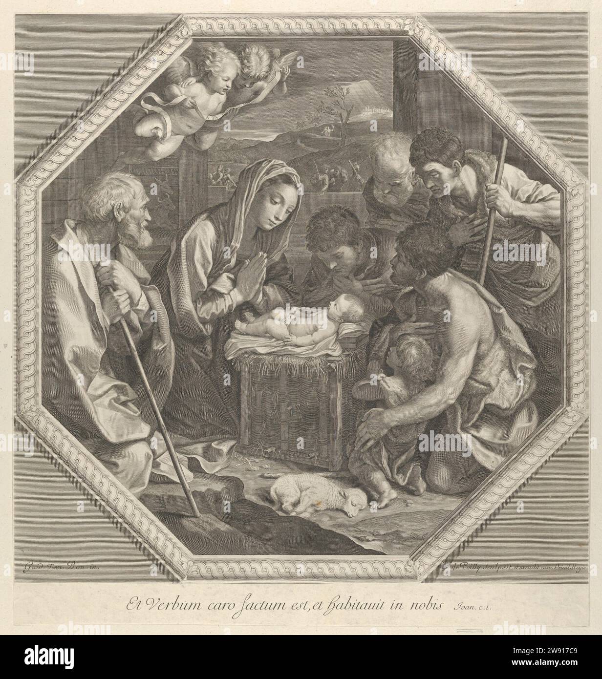 The adoration of the shepherds who kneel together at right before the ...