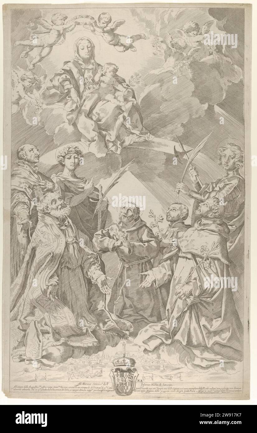 Patron saints of Bologna looking upwards at the Virgin who is seated in ...