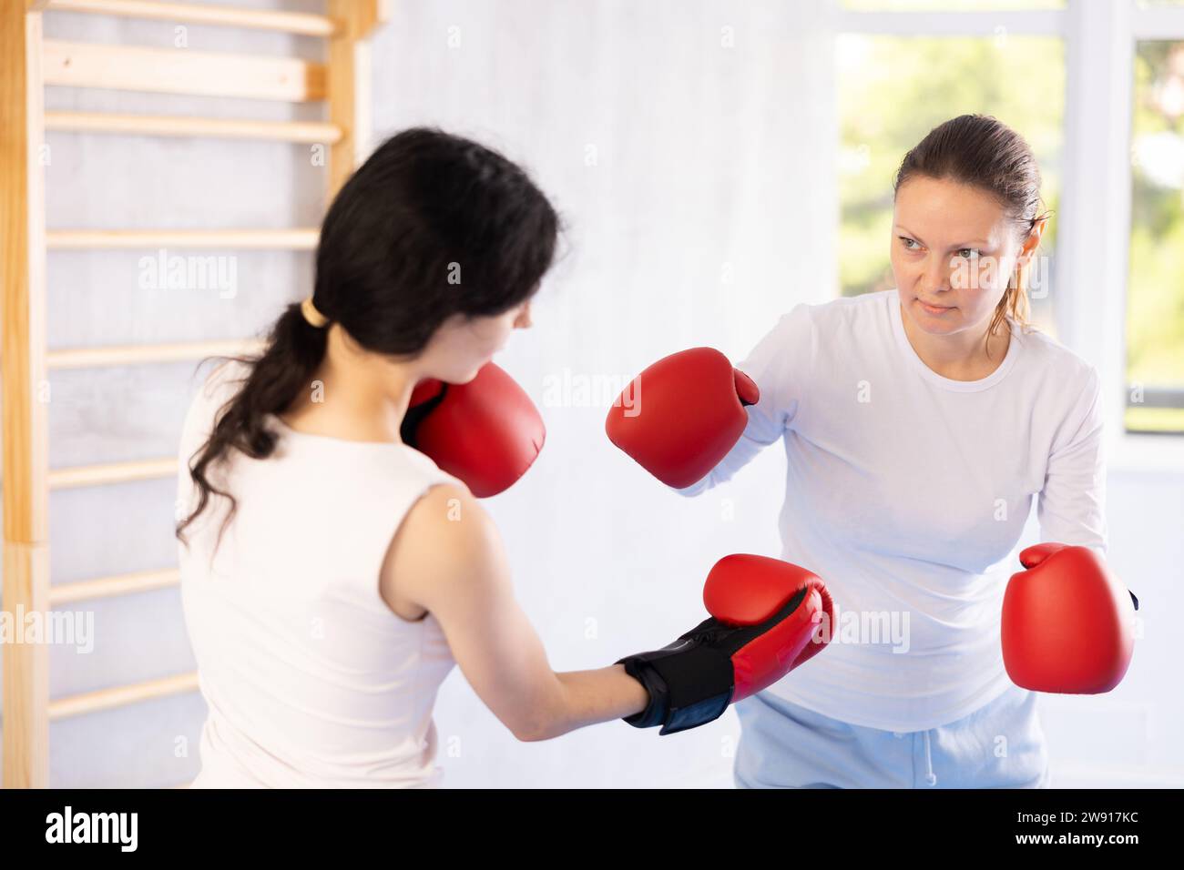 Focused woman practicing boxing punches in sparring during group self defence course Stock Photo ...