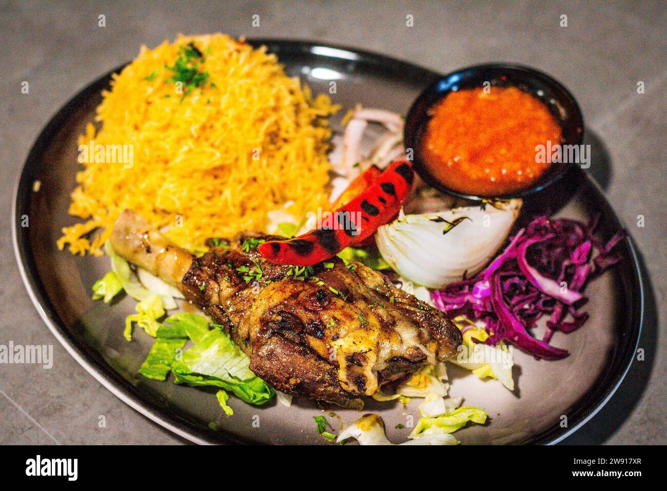 Main Course of Lamb Mandi served with basmatic rice, grilled chilli ...