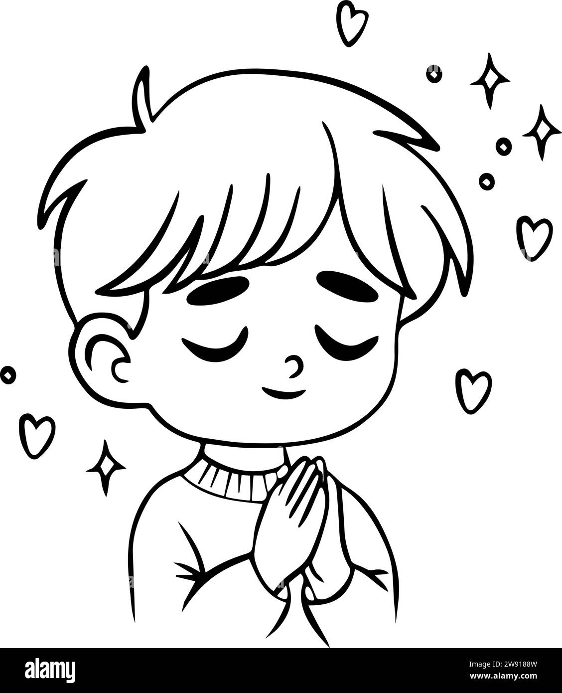 Cute praying boy with folded hands in prayer. Linear hand drawing ...