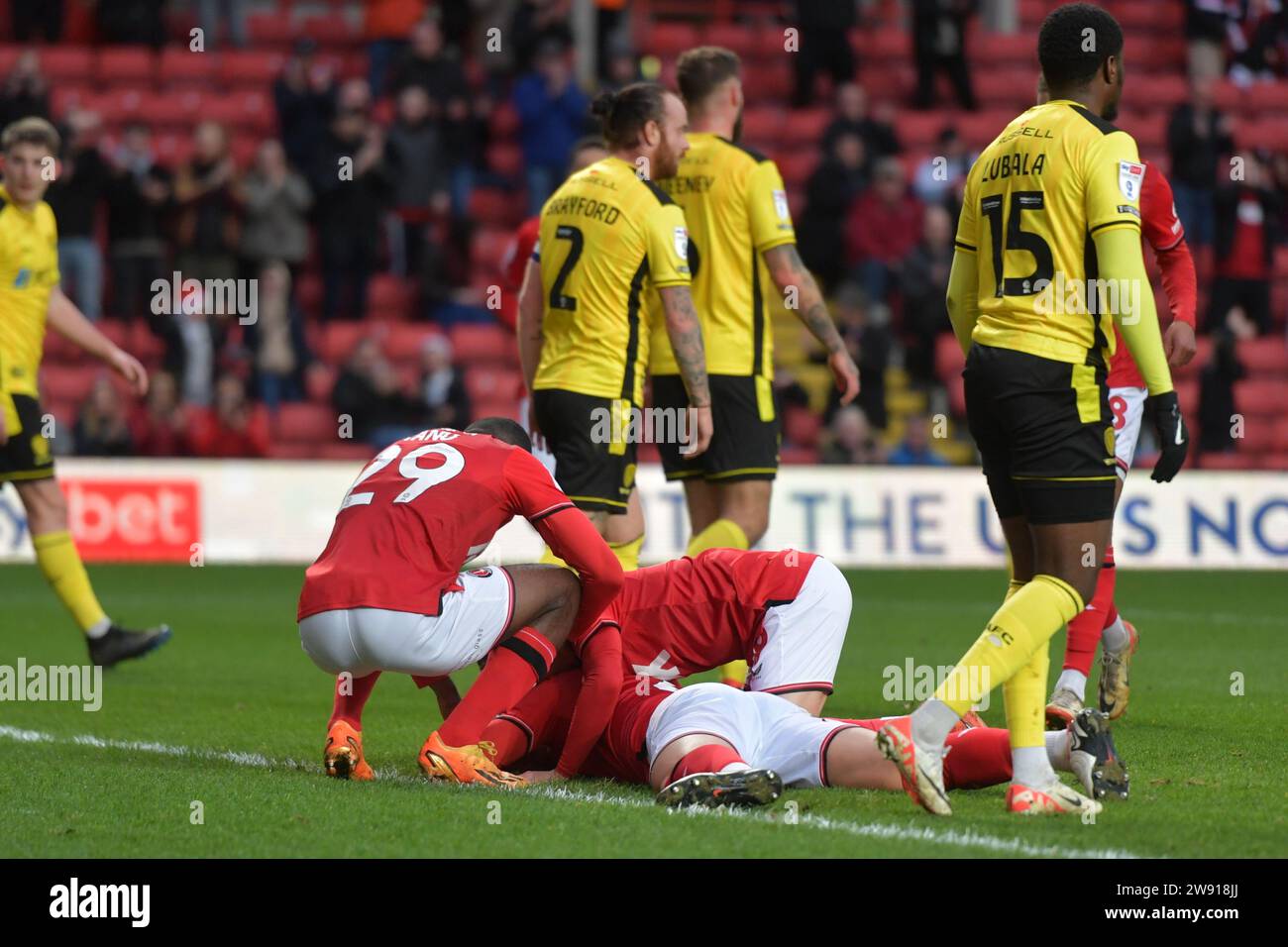 London, England. 23rd Dec 2023. Charlton Athletic players check on the ...