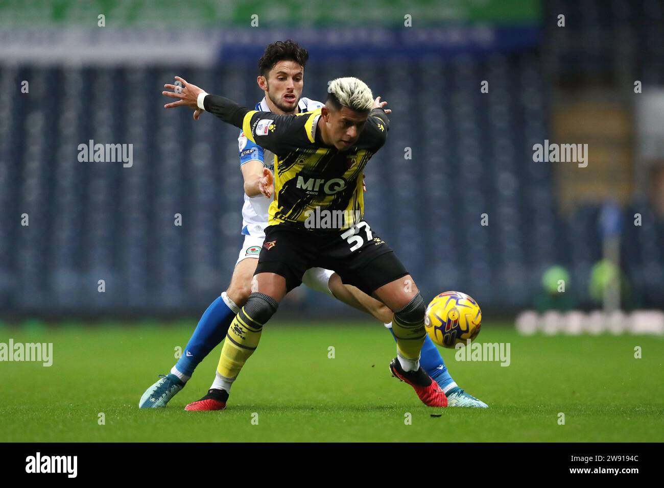 Watford’s Matheus Martins and Blackburn Rovers' Lewis Travis (left ...