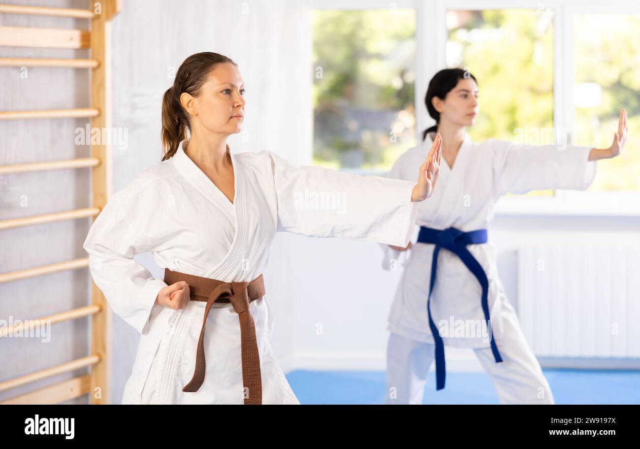 Two women training karate techniques in studio Stock Photo - Alamy