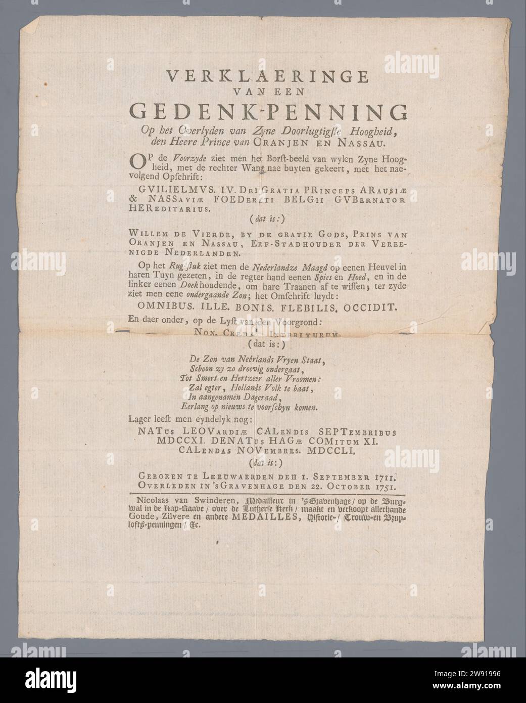 Declaration of the medal by Nikolaas van Swinderen beaten on the death ...