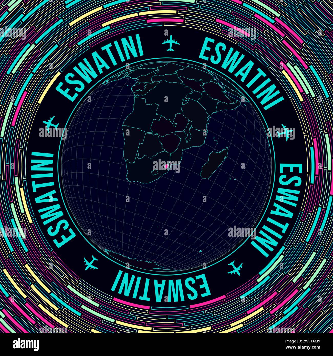 Eswatini on globe. Satelite view of the world centered to Eswatini ...