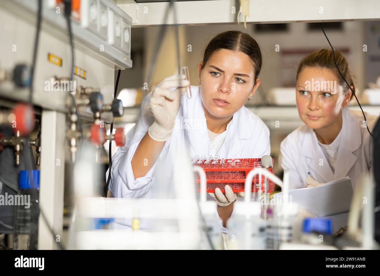 Two female scientists conduct a chemical experiment together and write ...