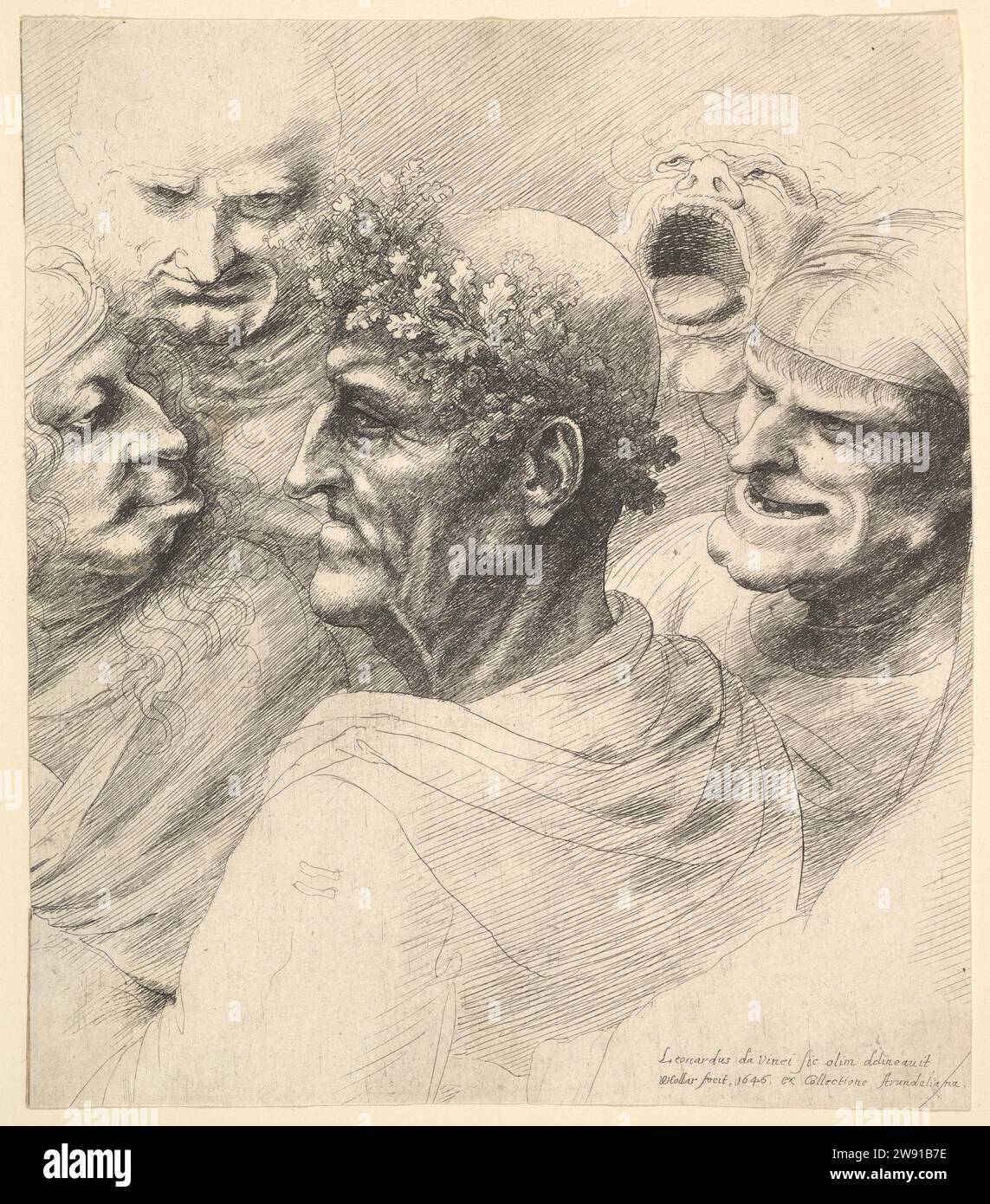 Five grotesque heads, including an elderly man with an oak leaf wreath ...