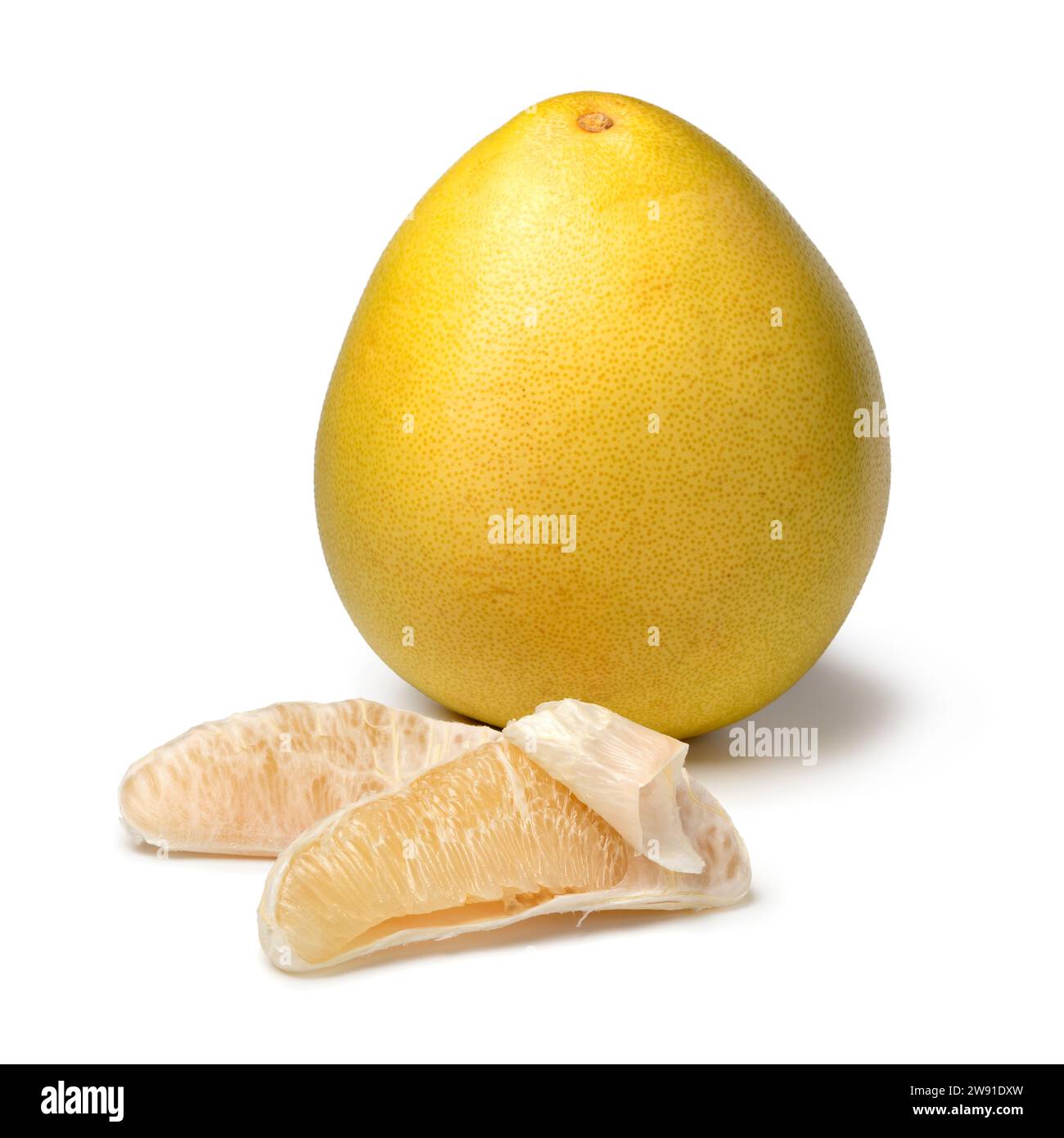 Whole fresh yellow Pomelo and peeled pomelo slices close up isolated on ...