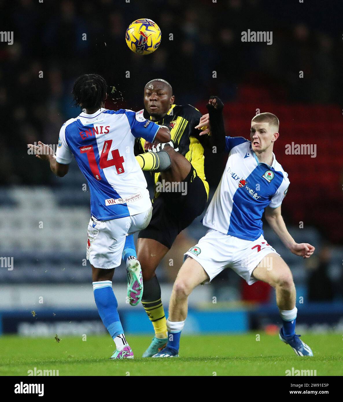 Watford’s Edo Kayembe (centre) battles for the ball with Blackburn ...