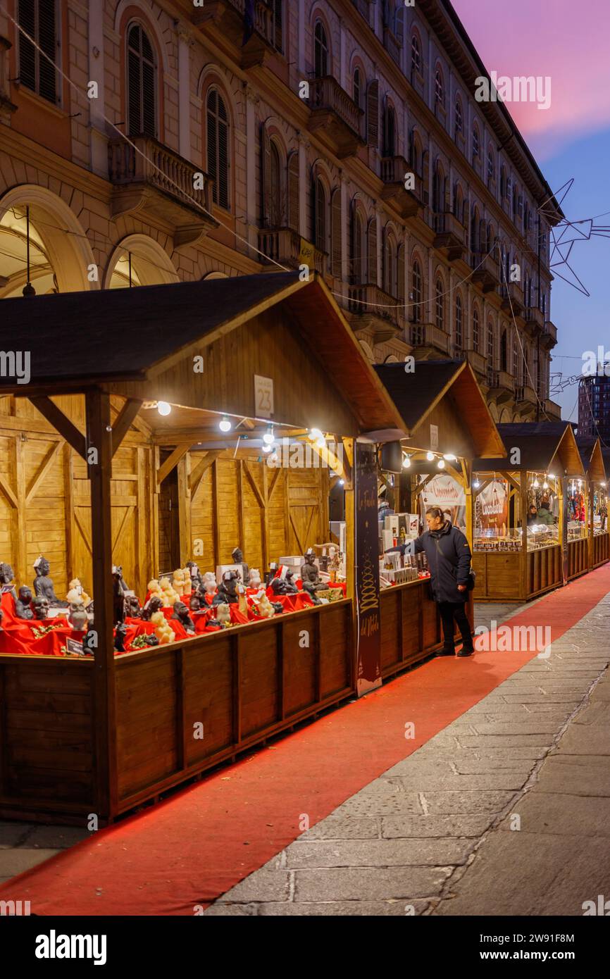 Turin, Piedmont, Italy - December 22, 2023: Christmas market in the old ...