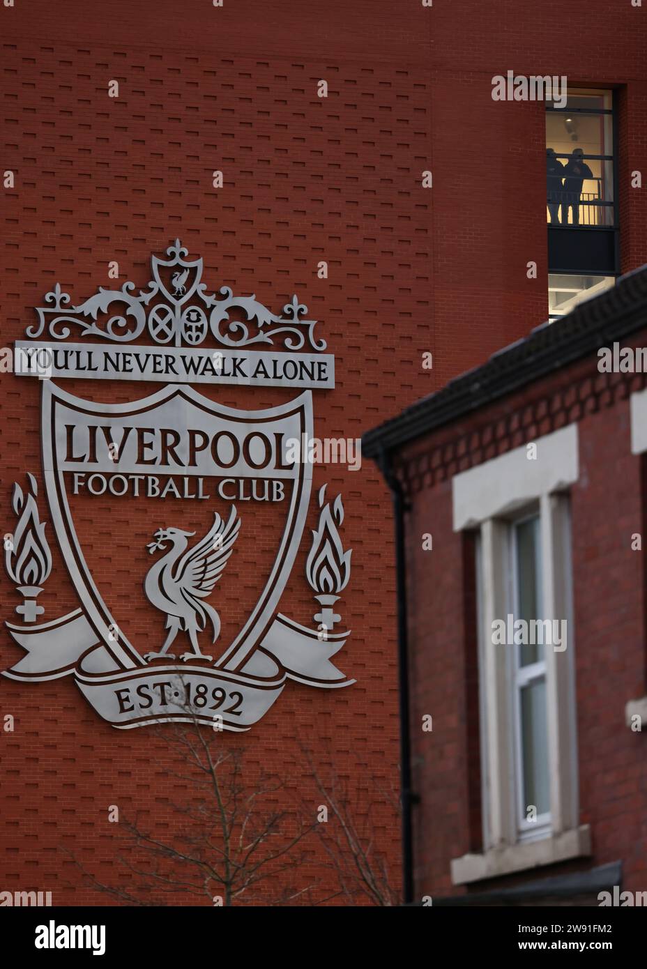 Liverpool, UK. 23rd Dec, 2023. Club badge on the side of the stand ...