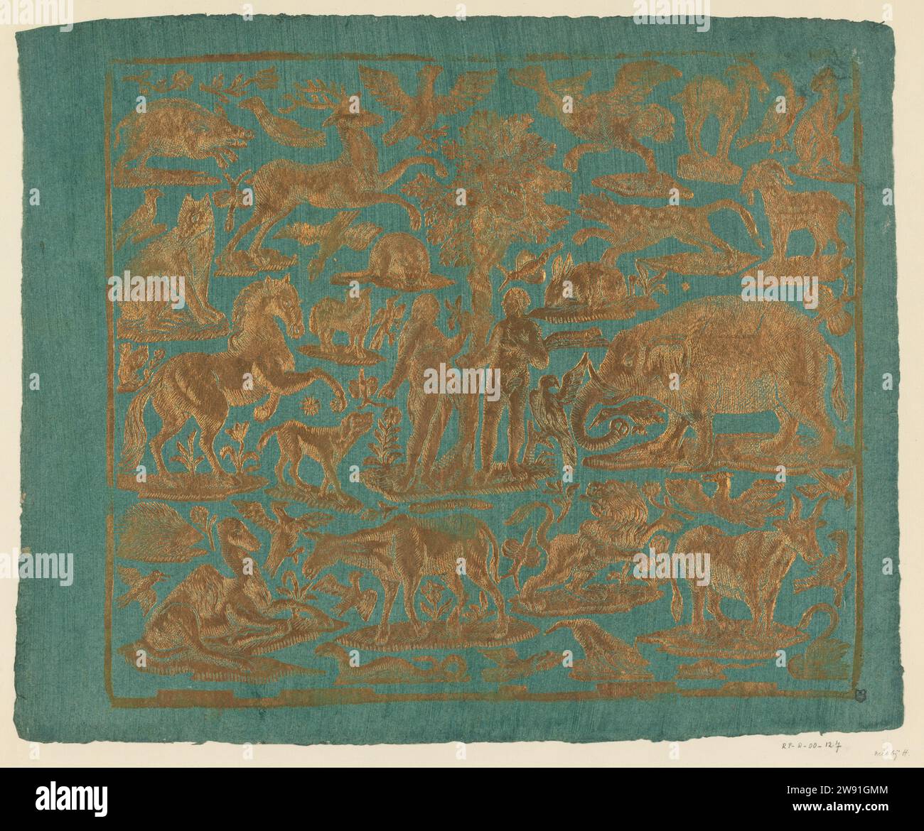 Leaf with Adam and Eva in the middle under the apple tree, surrounded ...