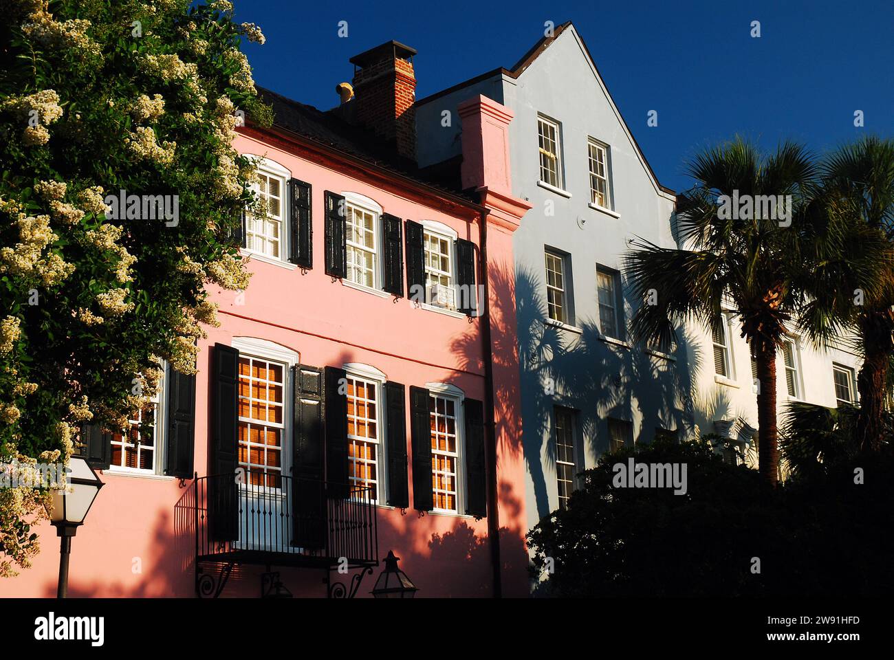 Colorful row houses along the Charleston, South Carolina waterfront are ...