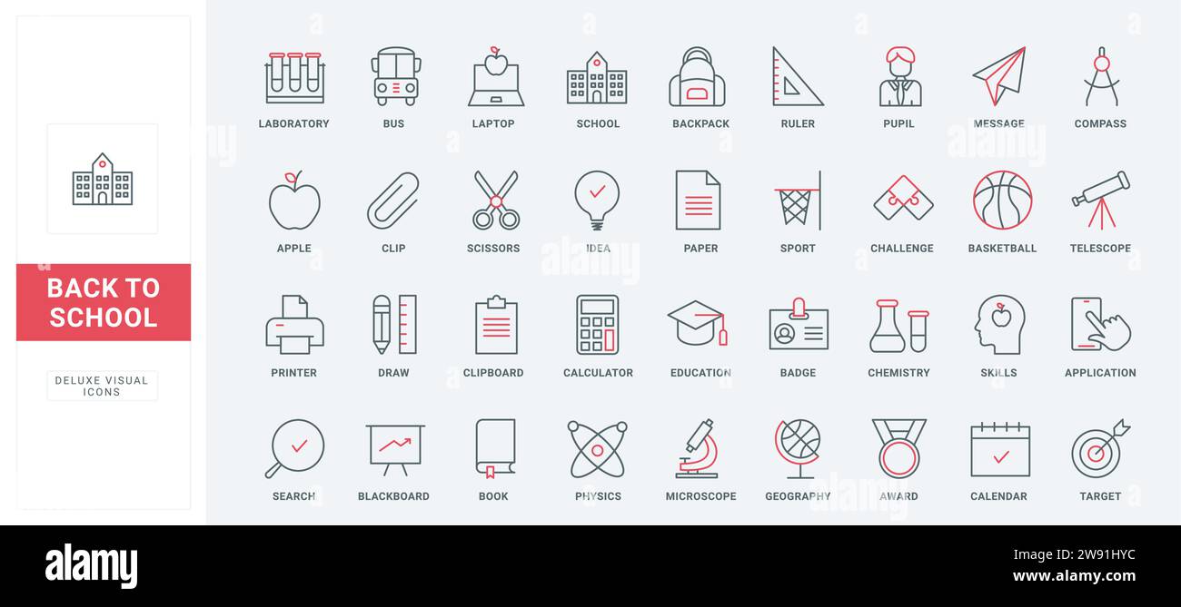 Back to school thin black and red line icons set vector illustration ...