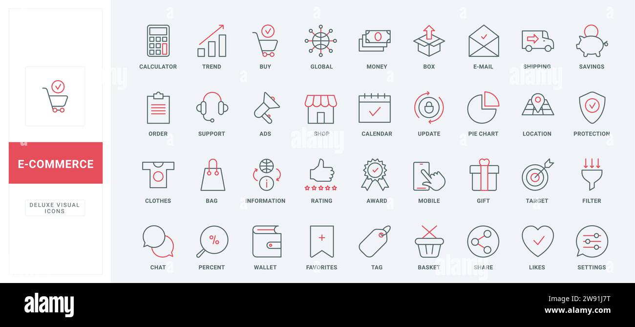 Ecommerce thin black and red line icons set vector illustration. Outline symbols of shop ...
