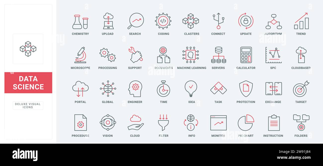 Data science thin black and red line icons set vector illustration ...