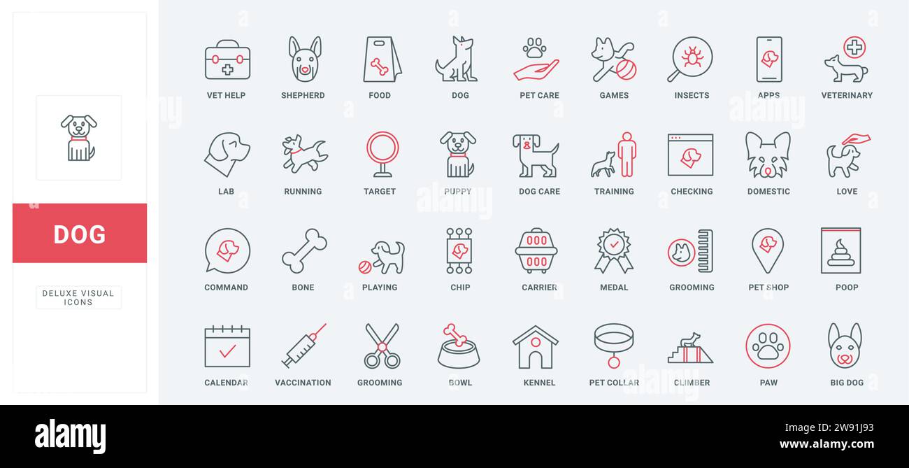 Dog care thin black and red line icons set vector illustration. Outline ...