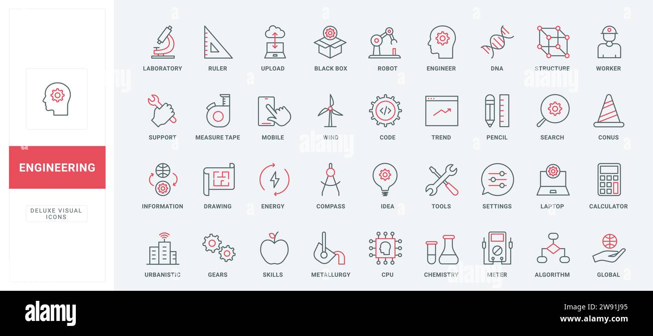 Engineering thin black and red line icons set vector illustration ...