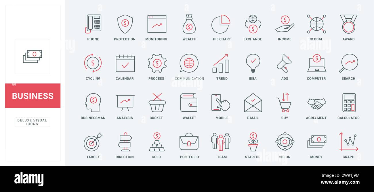 Business thin black and red line icons set vector illustration. Outline symbols of money ...