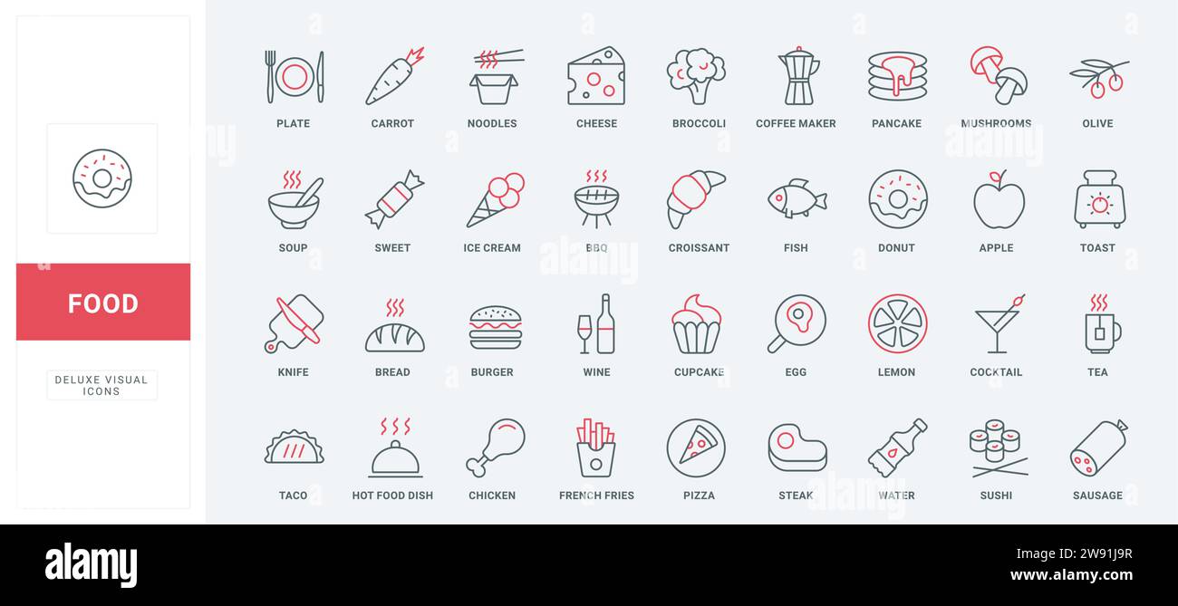 Food and drink thin black and red line icons set vector illustration ...