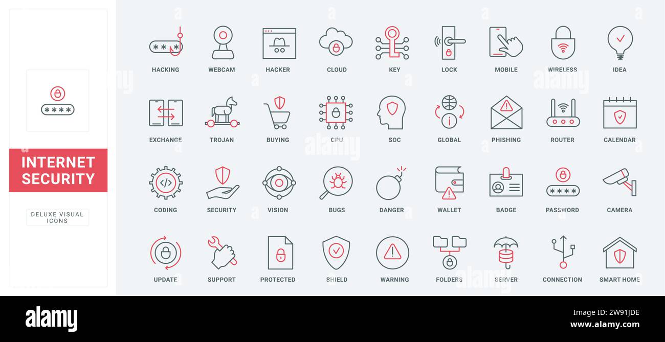 Internet security, data protection thin black and red line icons set ...