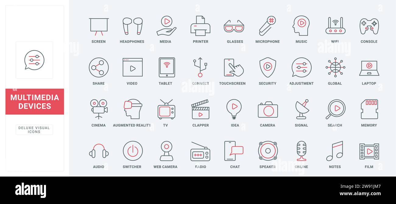Multimedia devices thin black and red line icons set vector ...