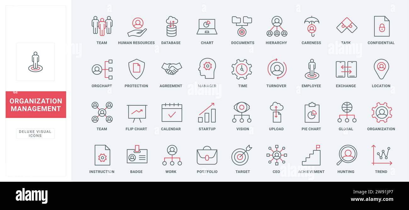 Company organization and management thin black and red line icons set vector illustration ...