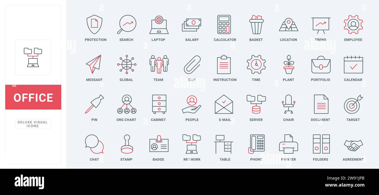 Office work thin black and red line icons set vector illustration ...