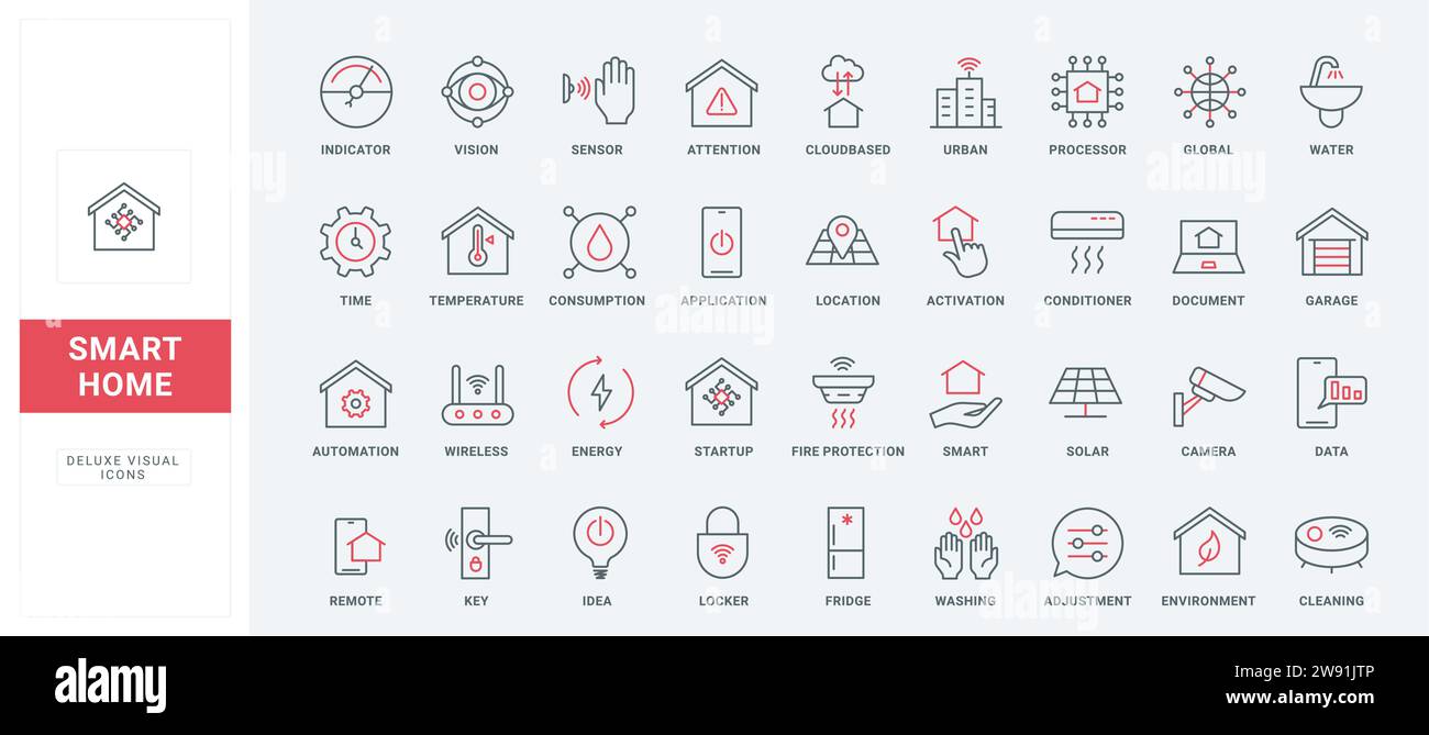 Smart home thin black and red line icons set vector illustration ...
