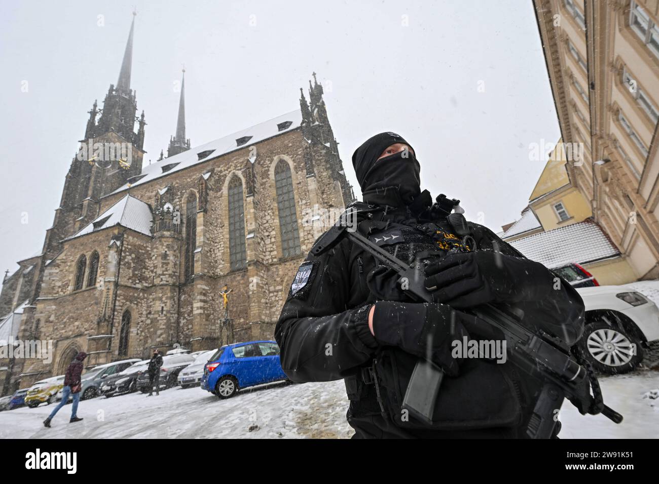 Brno, Czech Republic. 23rd Dec, 2023. A police officer patrols the ...