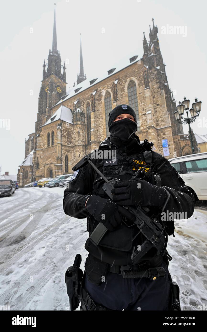 Brno, Czech Republic. 23rd Dec, 2023. A police officer patrols the ...