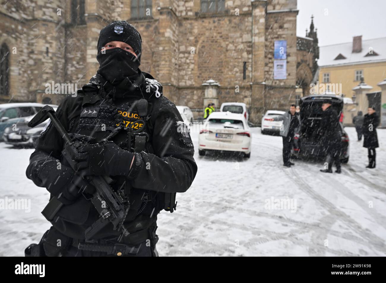 Brno, Czech Republic. 23rd Dec, 2023. A police officer patrols the ...