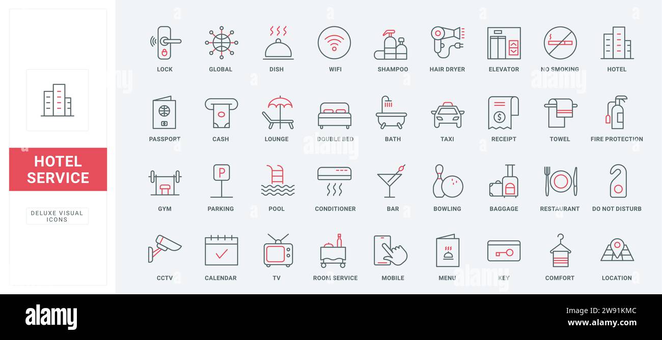 Hotel service, hospitality line icons set. Comfort room and bed of ...
