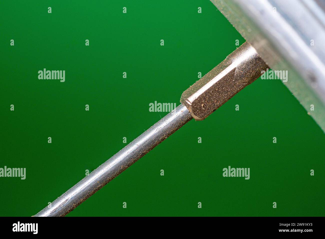 Bicycle wheel spoke with threaded head detail on the rim on a green ...