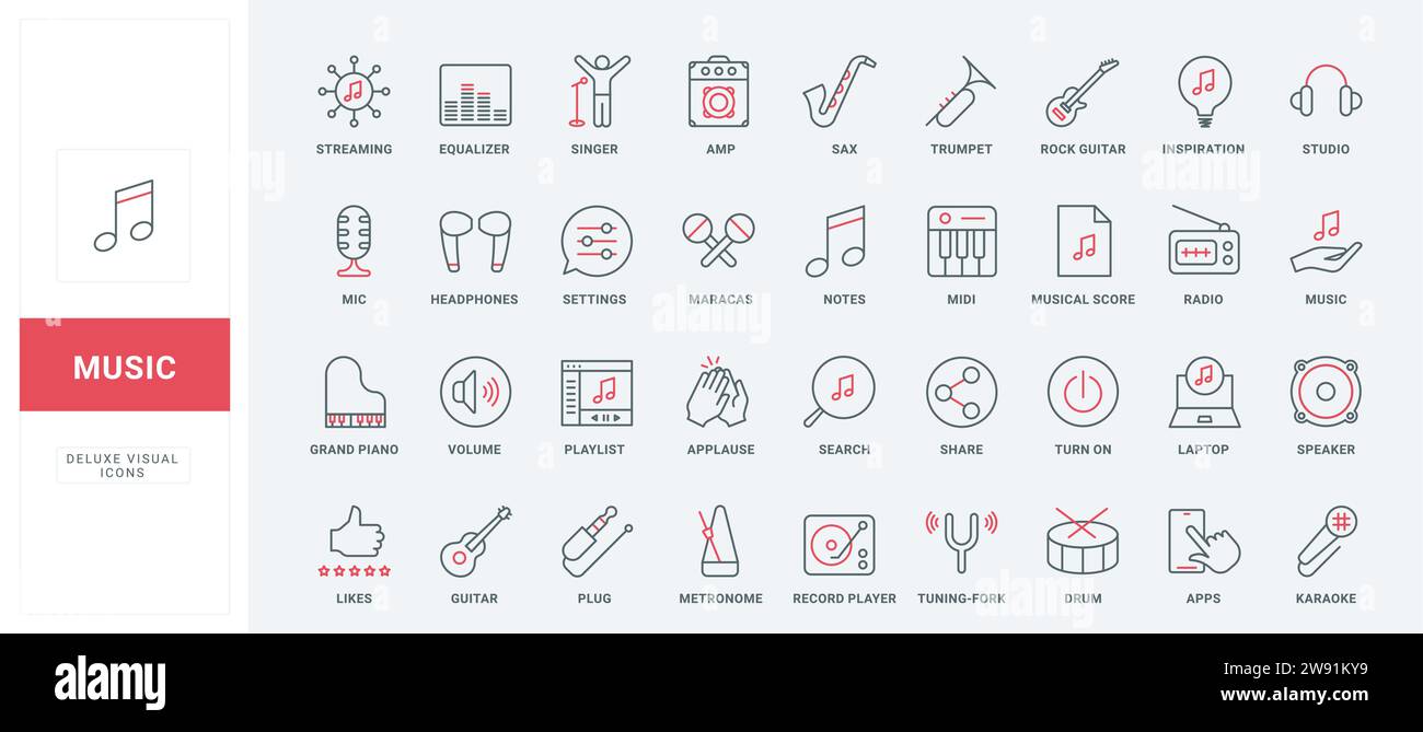 Music equipment to play, listen and record audio sound line icons set ...