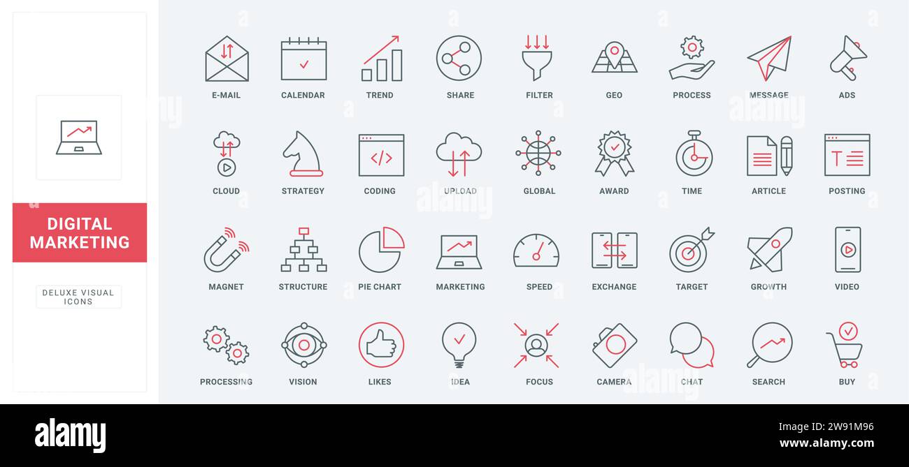 Digital marketing line icons set. Promo blog in social media and email ...