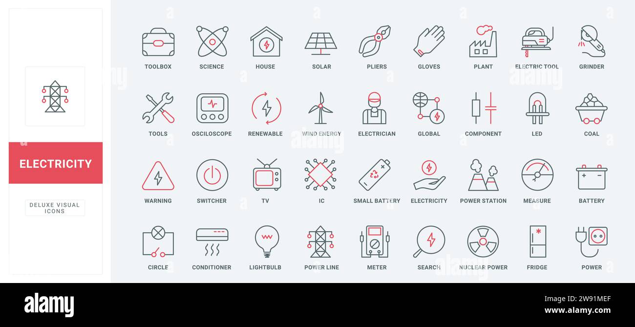Electric energy and supply thin black and red line icons set vector ...