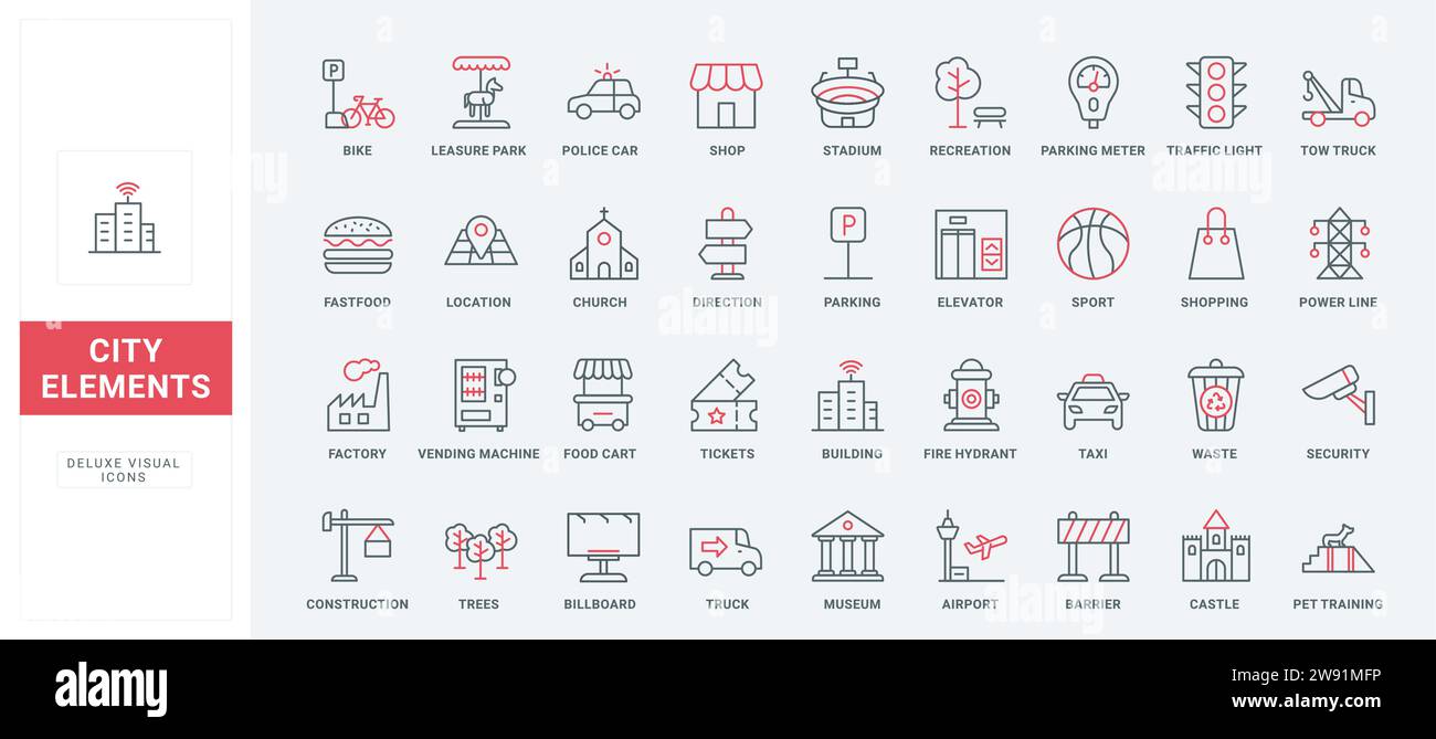 City infrastructure line icons set. Public park and buildings, location ...