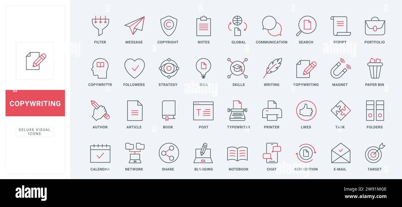 Copyright line icons set. Authors pen and typewriter to write articles ...