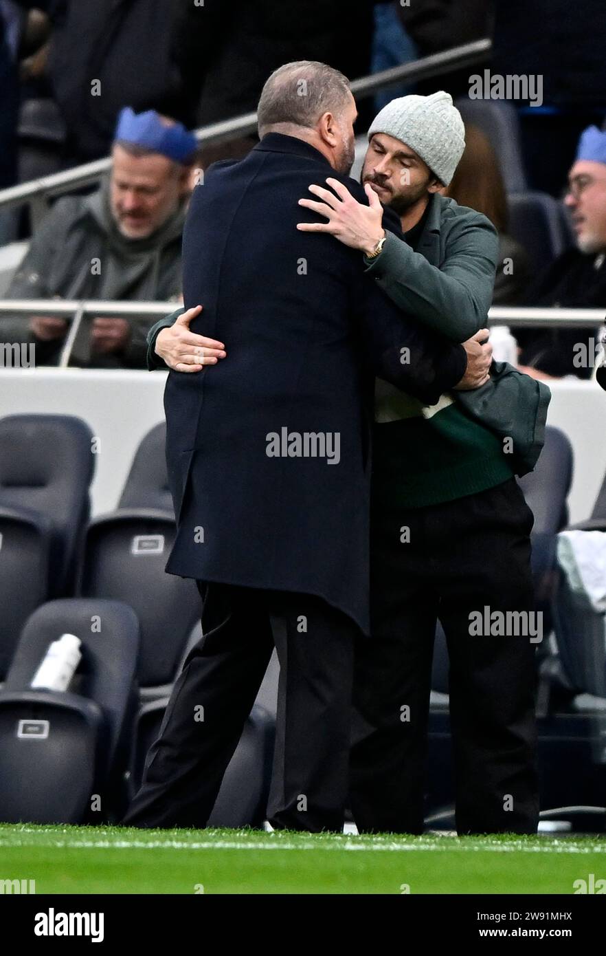 London, UK. 23rd Dec, 2023. James Maddison (Tottenham) hugs Ange ...