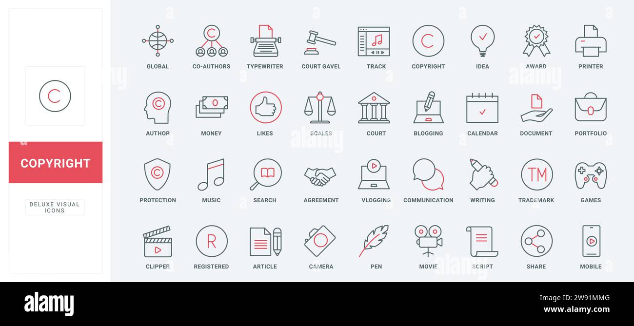 Trademark, patent and intellectual property protection line icons set. Content creation and ...