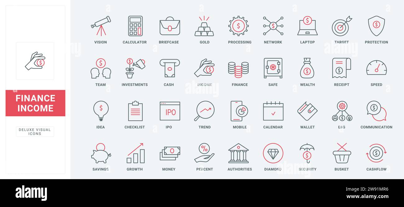 Money income, investment and wealth growth line icons set. Business ...