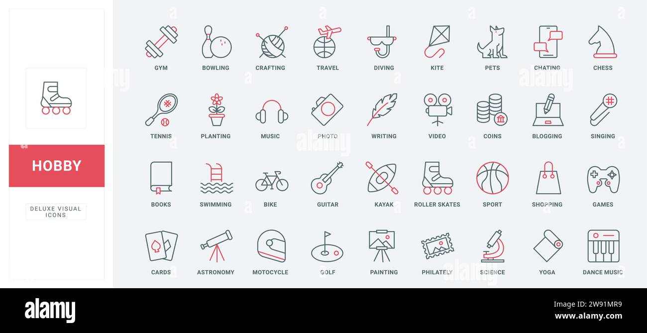 Hobby, sport and fun leisure line icons set. Symbols of weekend activity and lifestyle, music ...